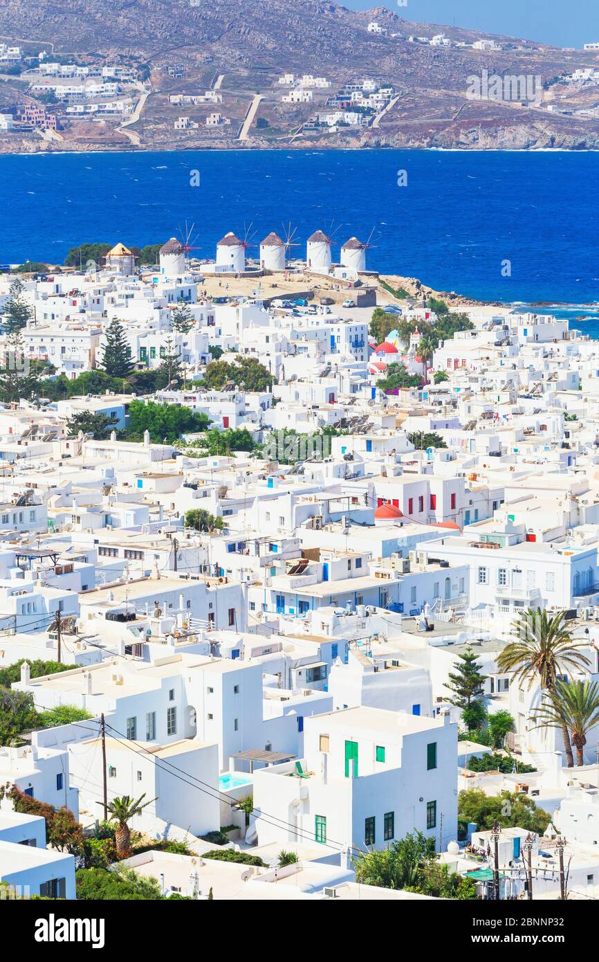 Mykonos Town, elevated view, Mykonos, Cyclades Islands, Greece Stock ...