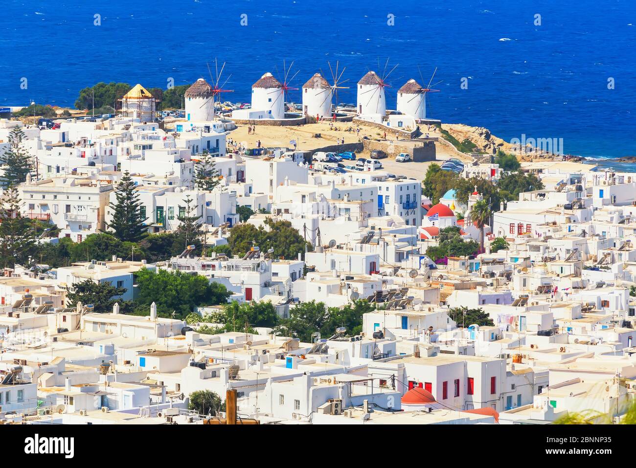 Mykonos Town, elevated view, Mykonos, Cyclades Islands, Greece Stock ...