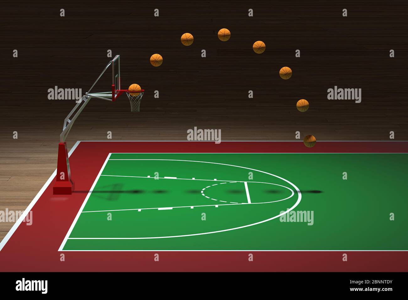 Basketball court with wooden floor, 3d rendering. Computer digital ...