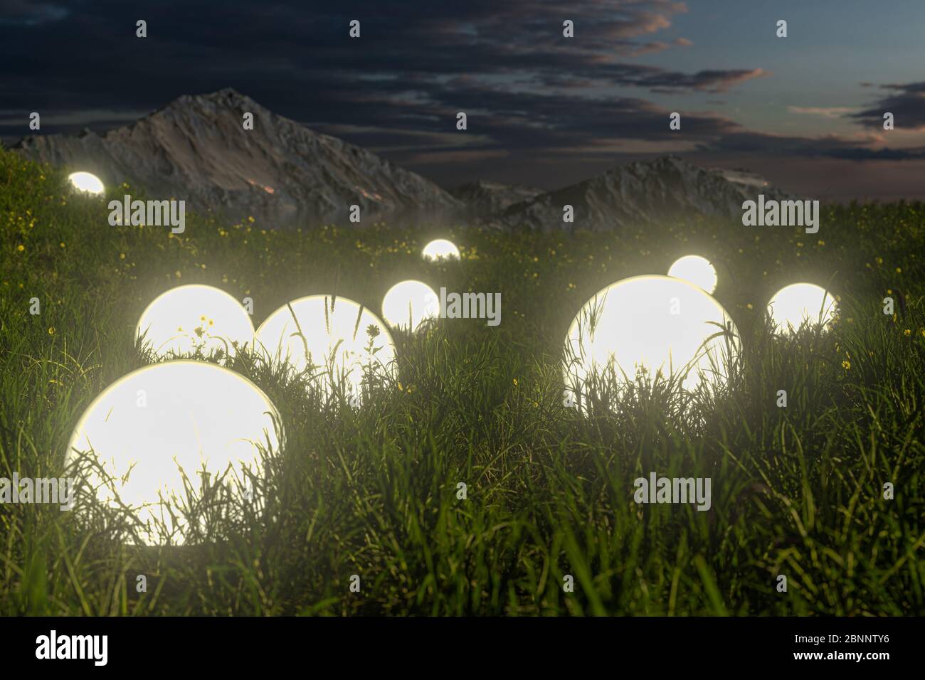 Glowing magic balls in the grass field, 3d rendering. Computer digital ...