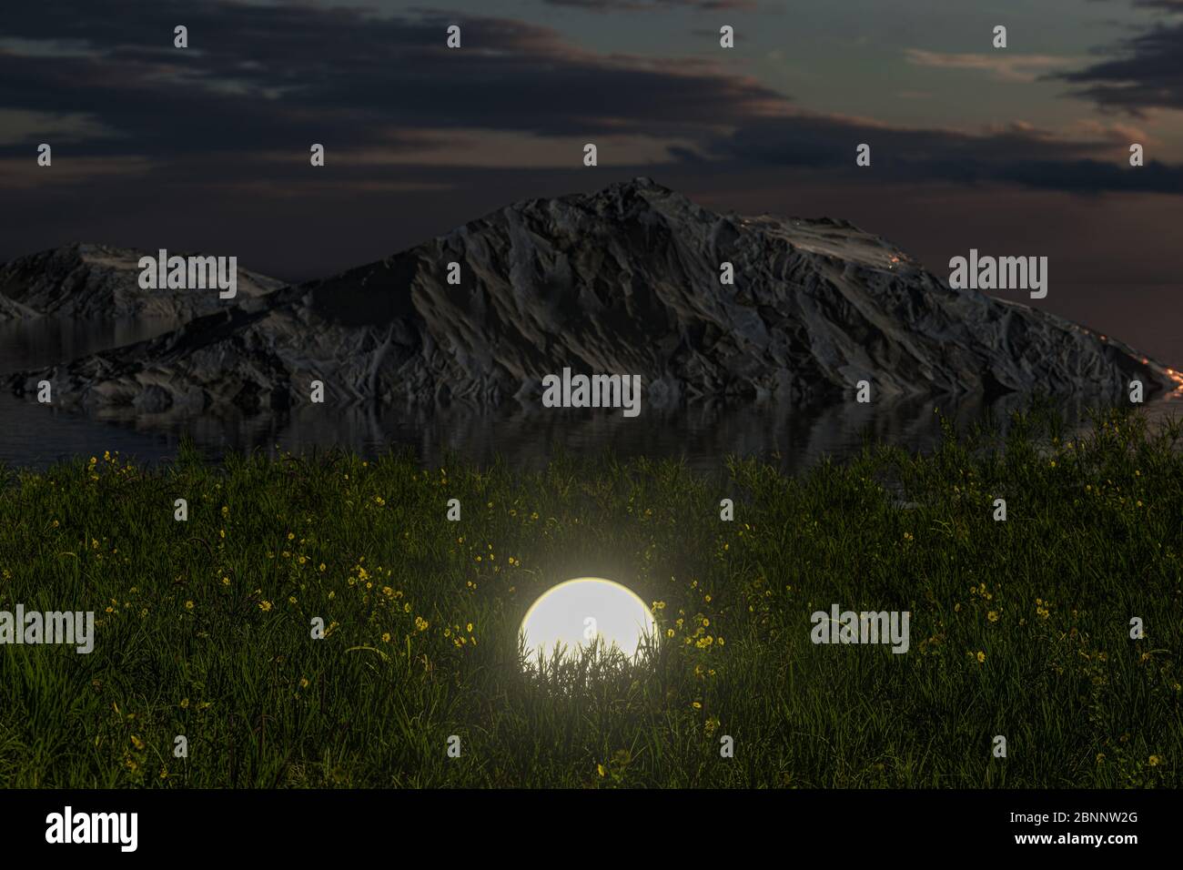 Glowing magic balls in the grass field, 3d rendering. Computer digital ...