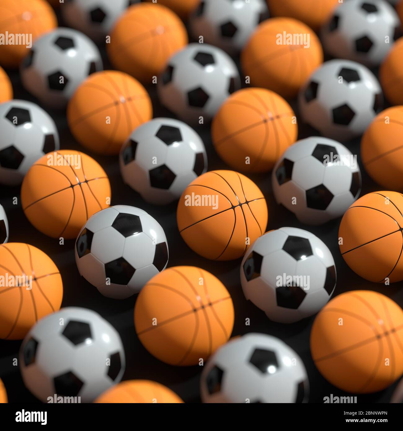 Repeating sports ball pattern with black background, 3d rendering ...