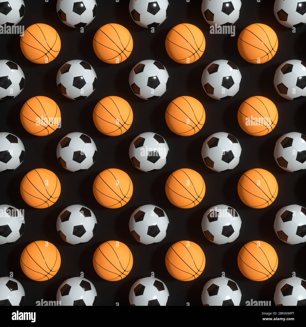 Repeating sports ball pattern with black background, 3d rendering ...