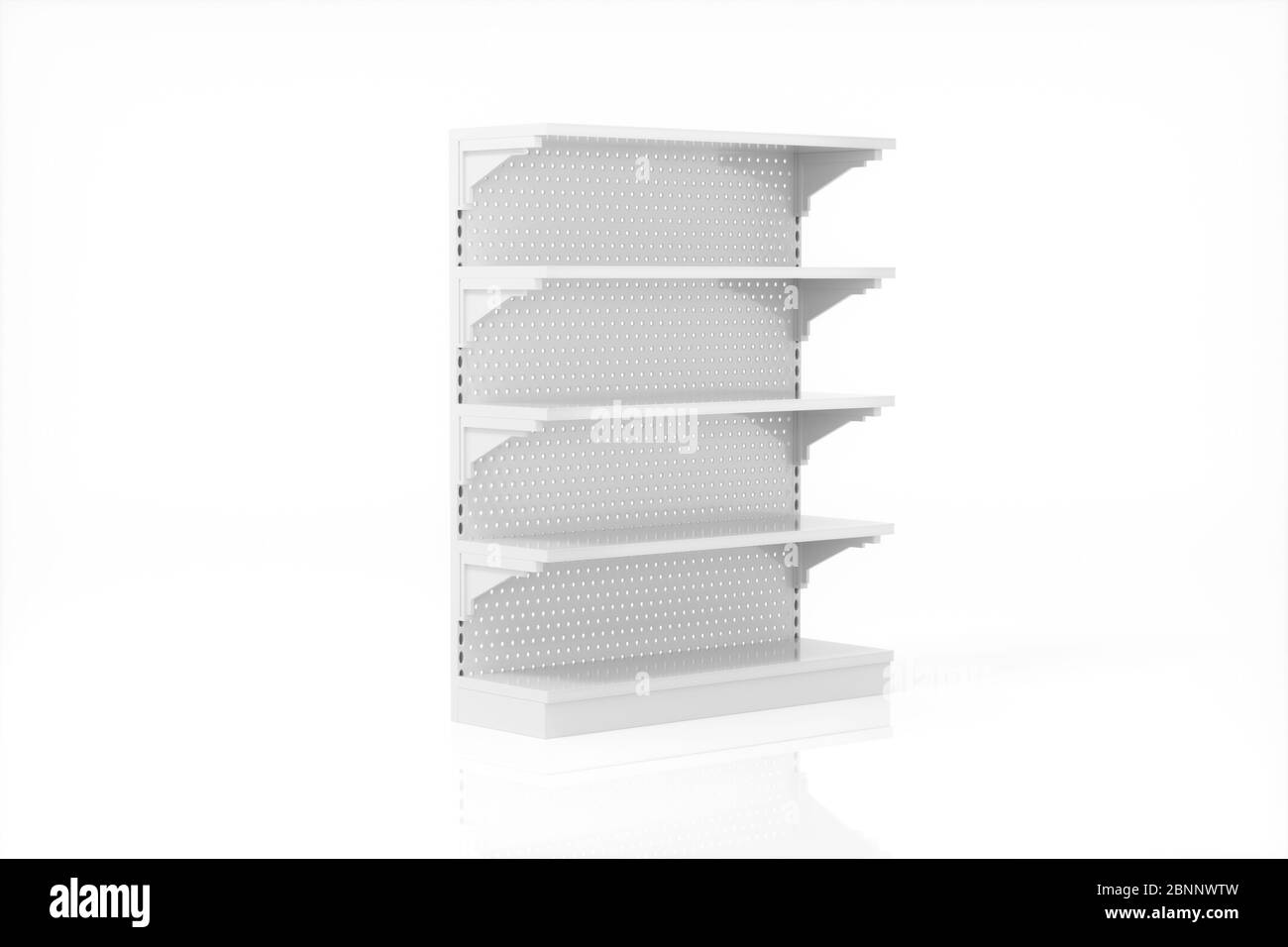 Empty supermarket shelves with white background, 3d rendering. Computer ...