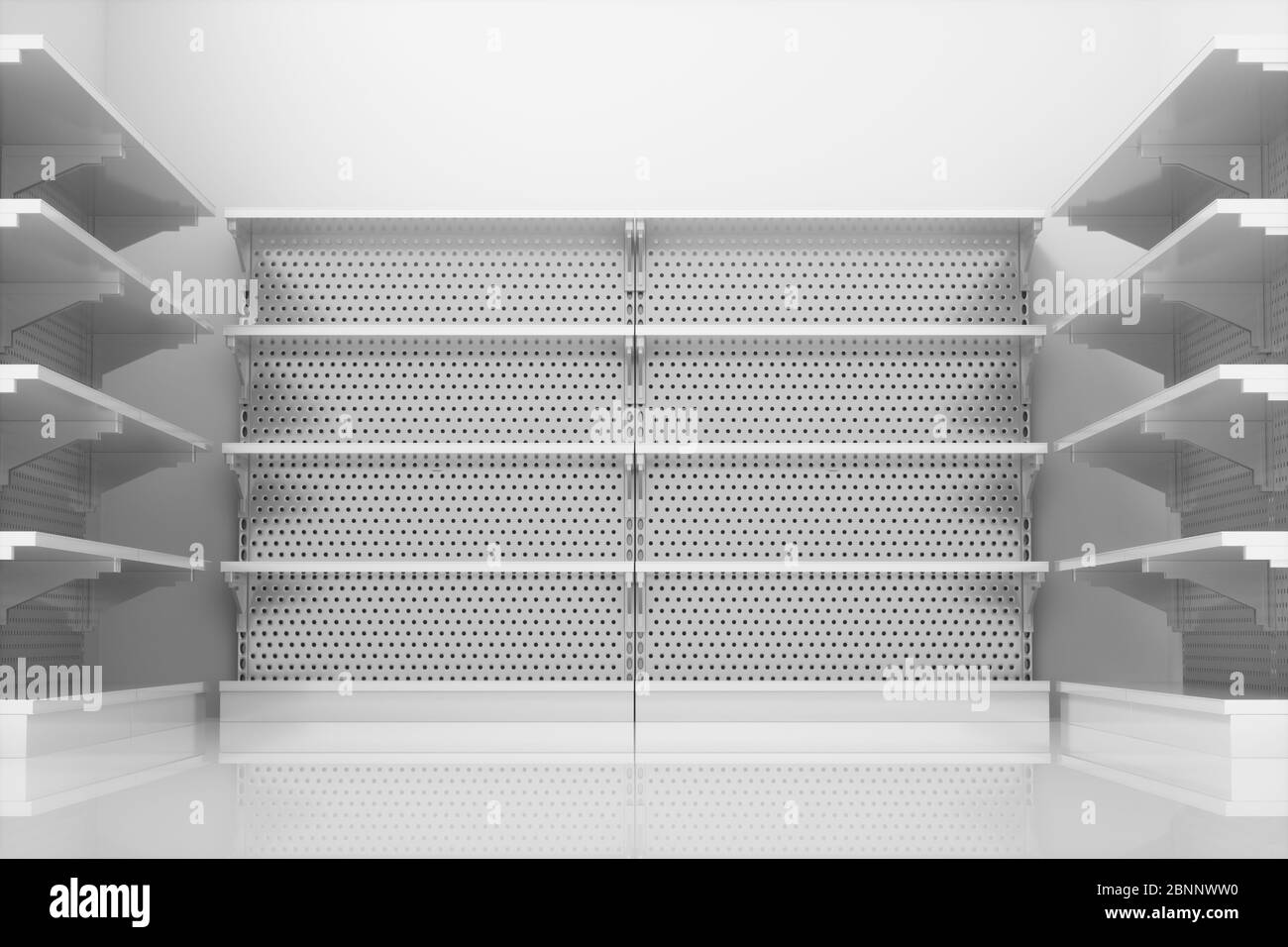 Empty supermarket shelves with white background, 3d rendering. Computer ...