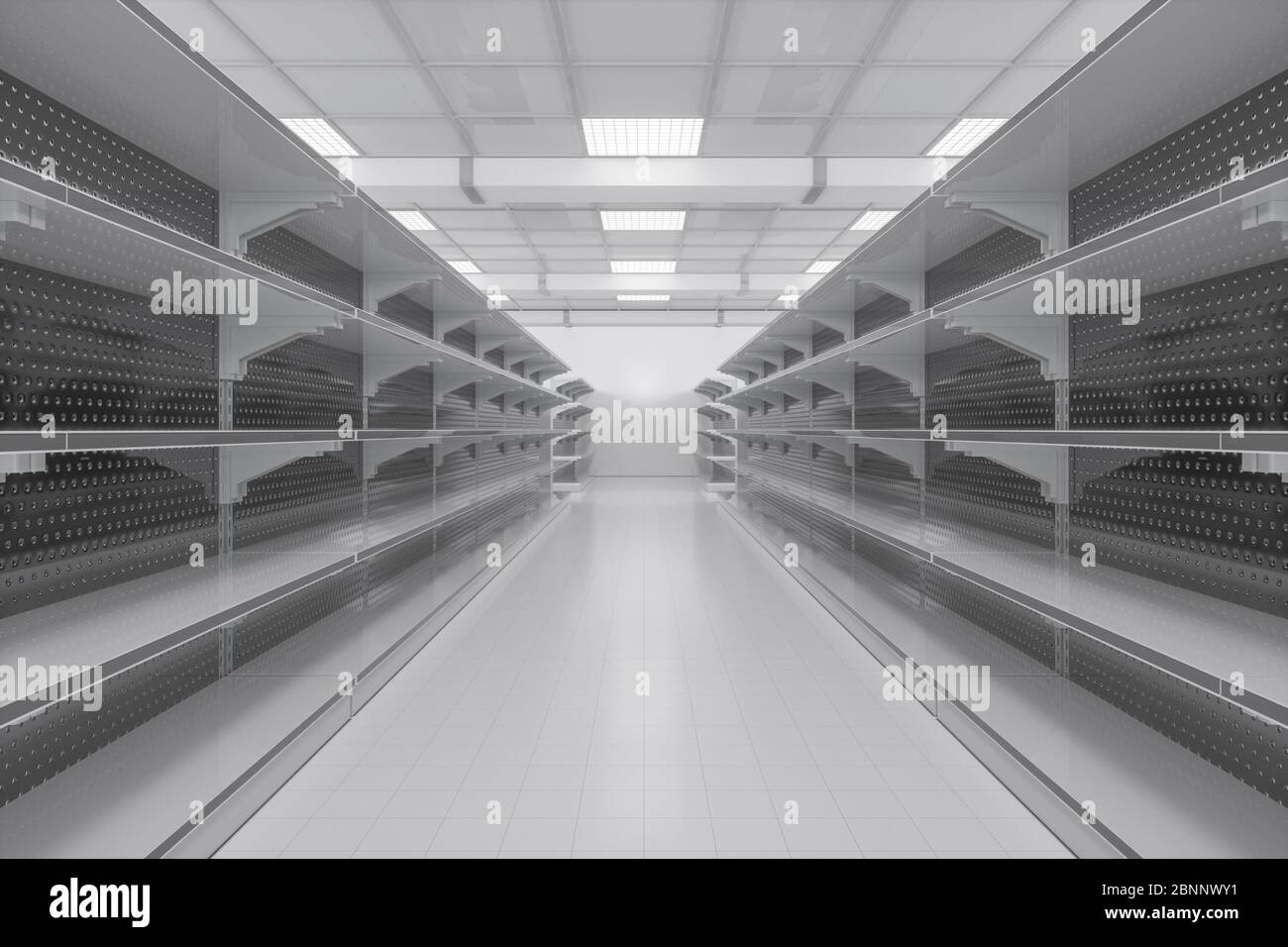 Empty supermarket shelves in the supermarket, 3d rendering. Computer ...