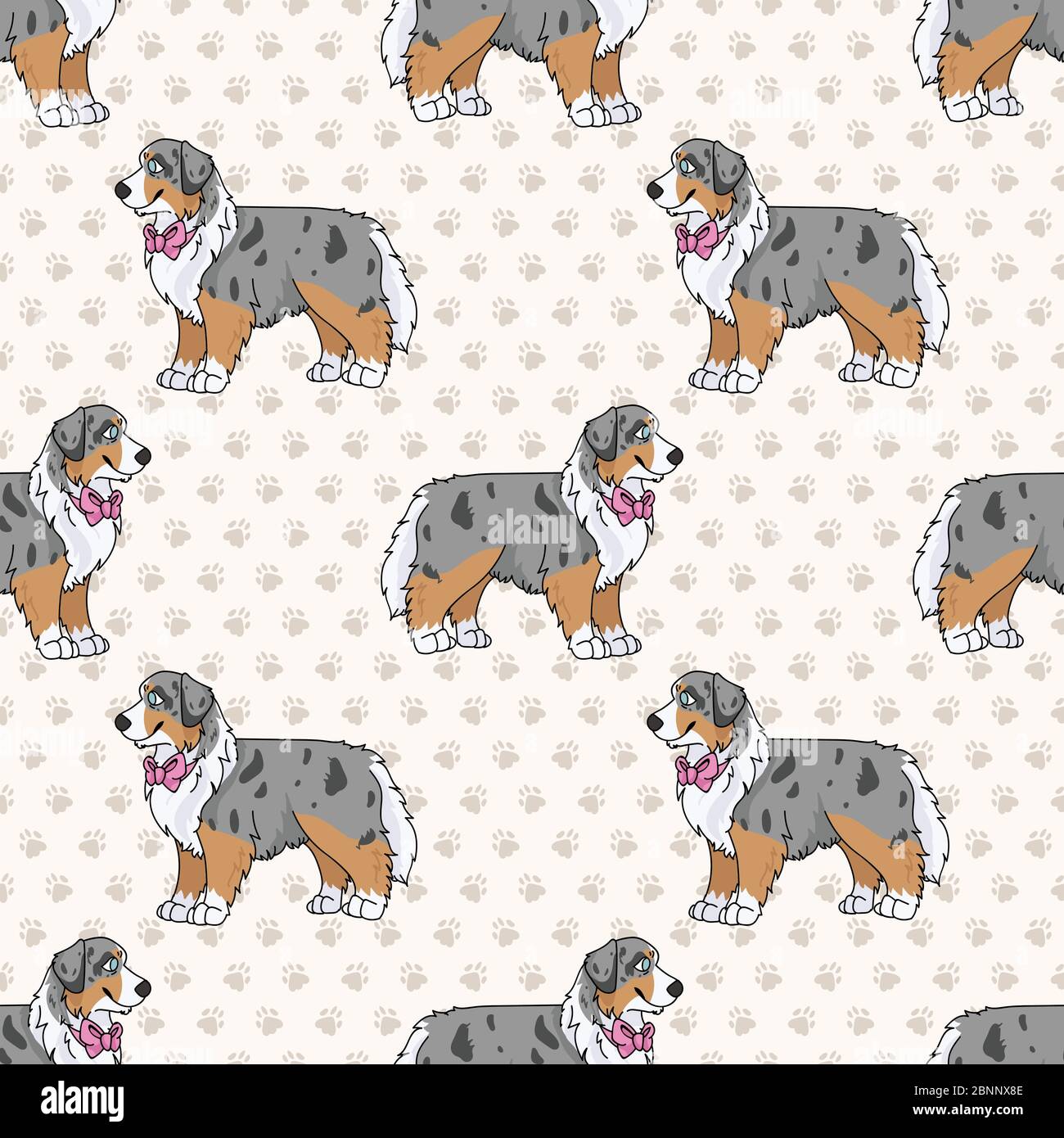 Hand drawn cute australian shepherd dog with pink bow seamless vector ...
