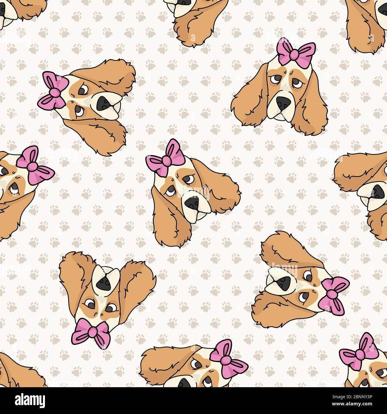 Hand drawn cute cocker spaniel dog face with pink bow breed seamless ...