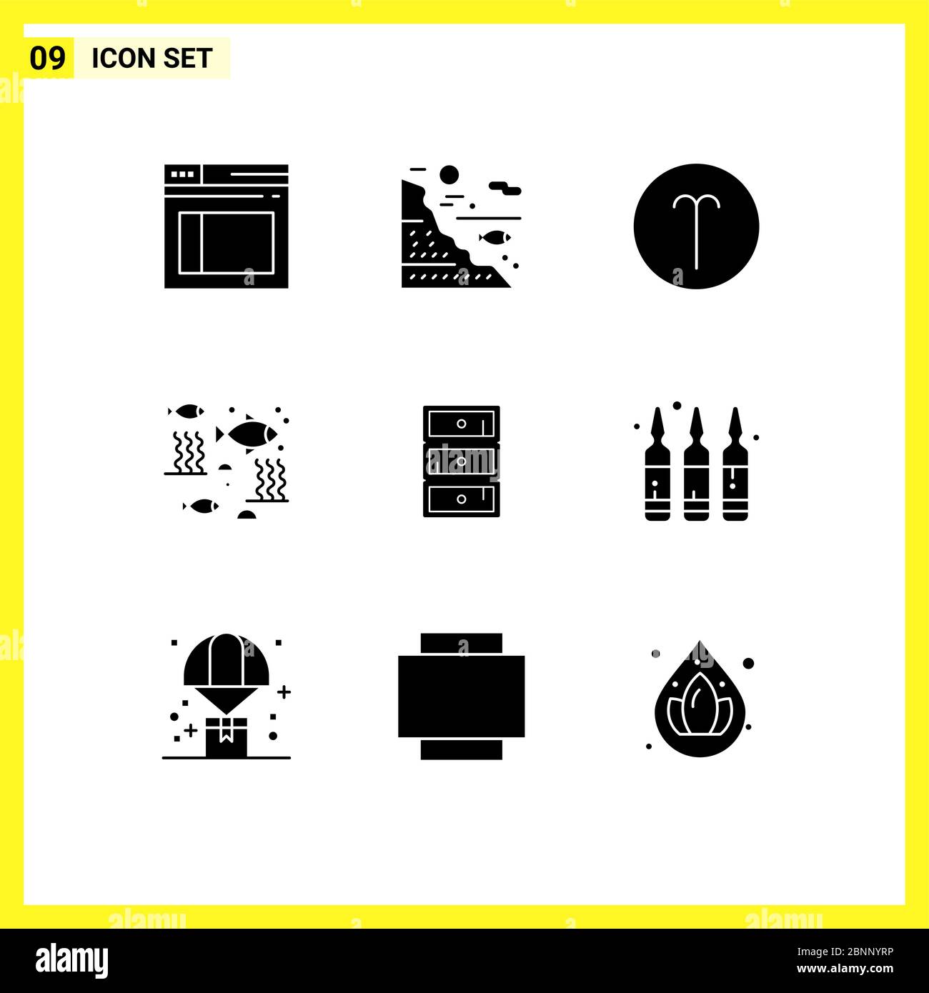 Group of 9 Solid Glyphs Signs and Symbols for under water, river ...