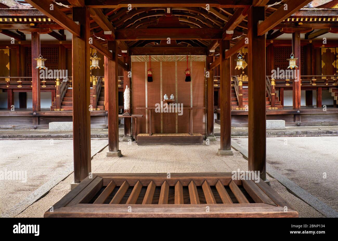 The wooden offering box (saisen) for collecting coins from worshipers ...