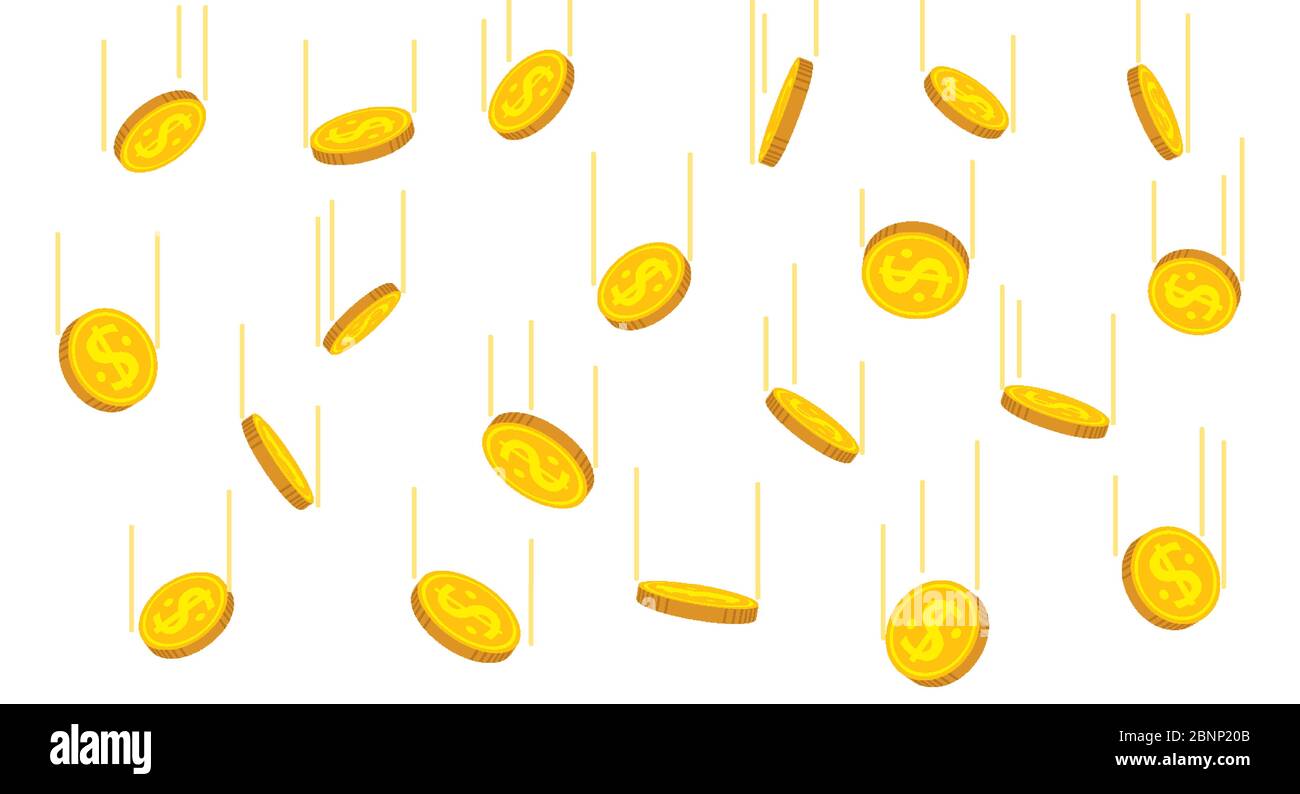 Coins in motion, flat cartoon style. Golden coins rain. Bank currency ...