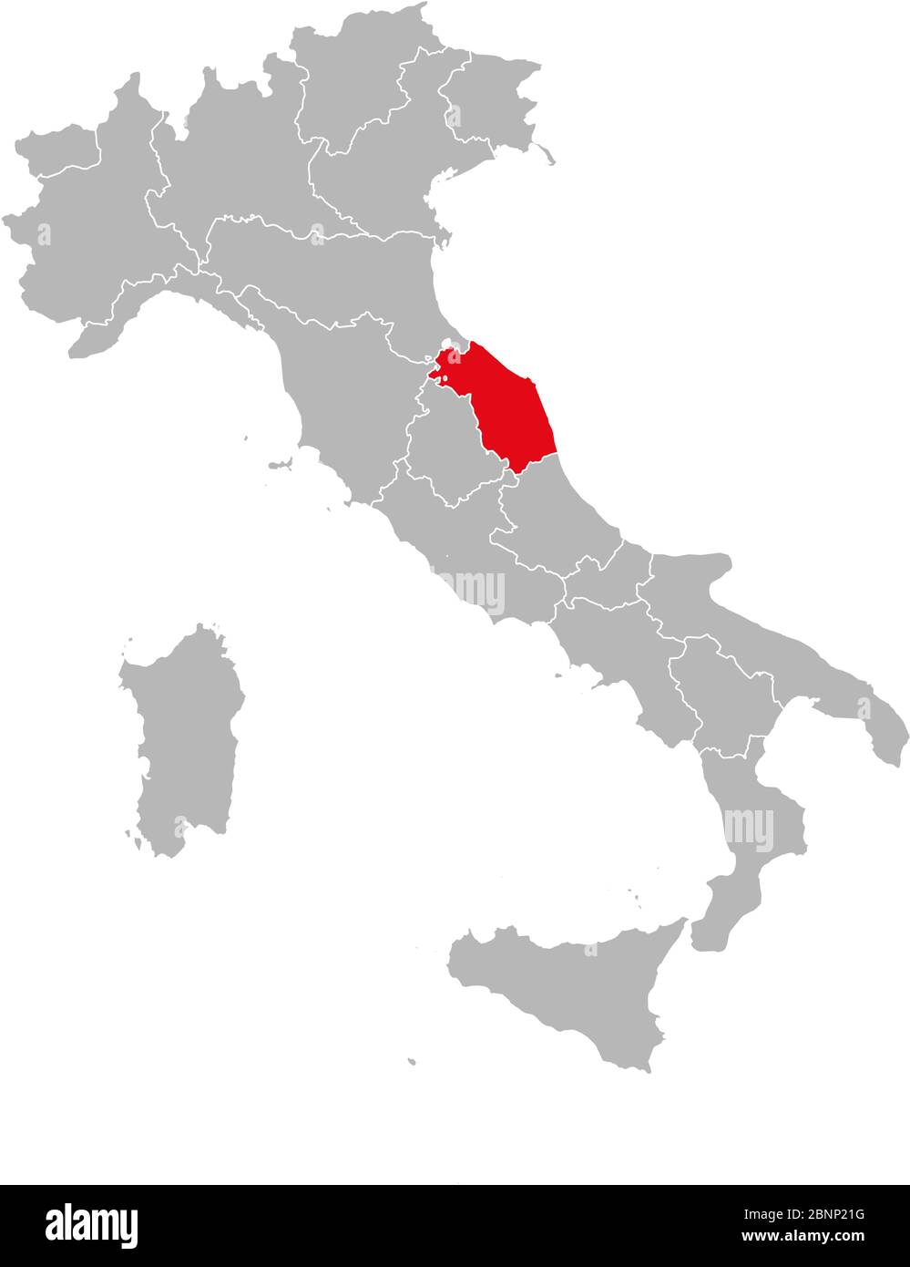 The marche province marked red on italy map. Gray background. Italian ...