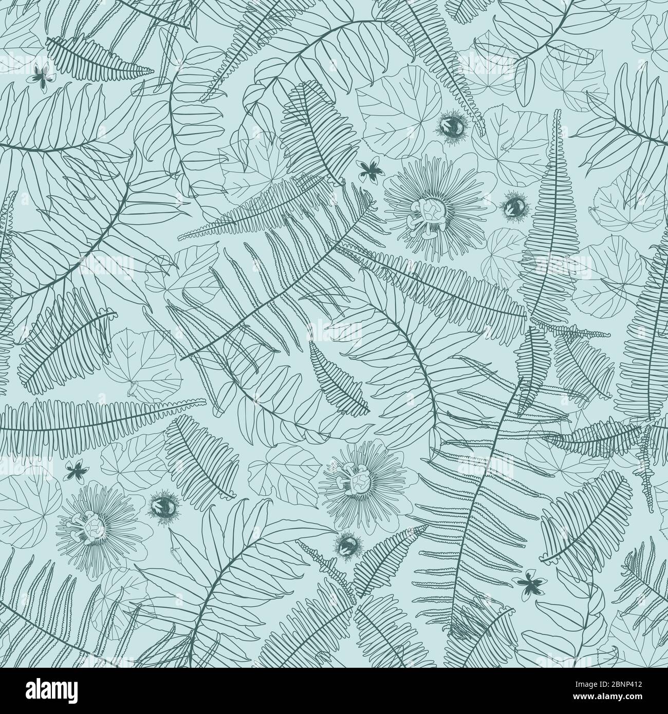Vector green mint monochrome overlapping jungle ferns outlines seamless ...