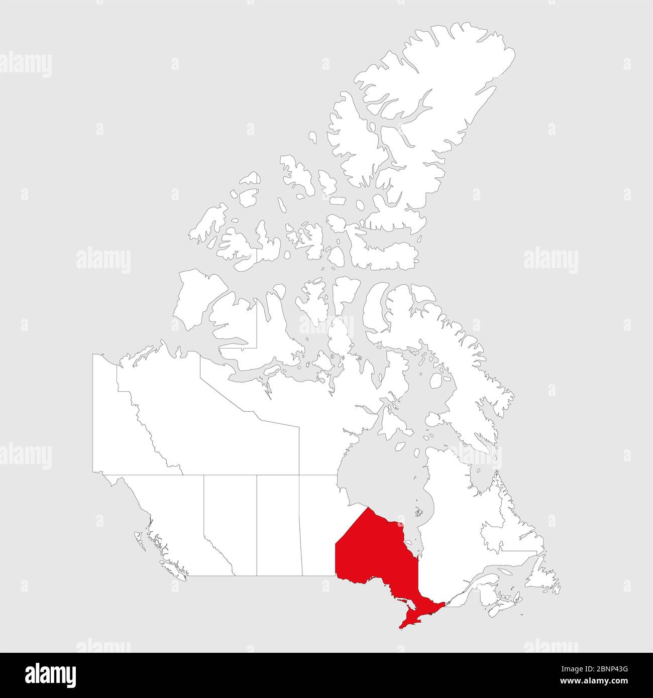 Ontario province marked red on canada map. Gray background. Canadian ...