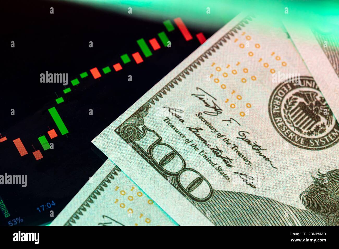 Dollars in front of a monitor with a price chart. Forex and trading ...