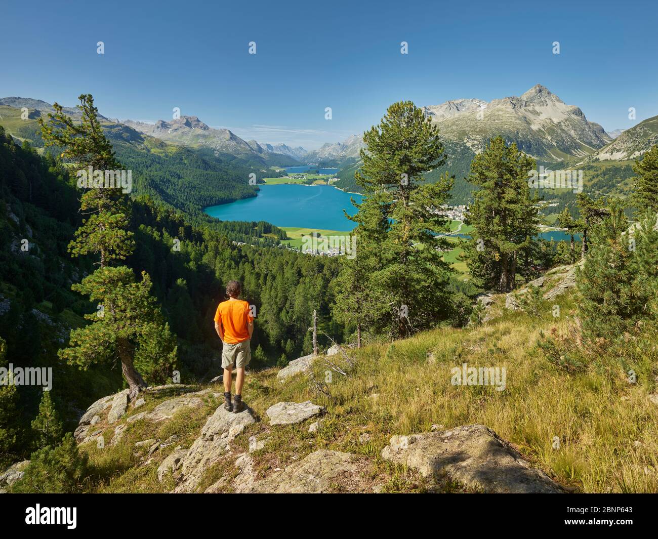 View of the Upper Engadine, Lake Silvaplana, Engadin, Graubünden ...