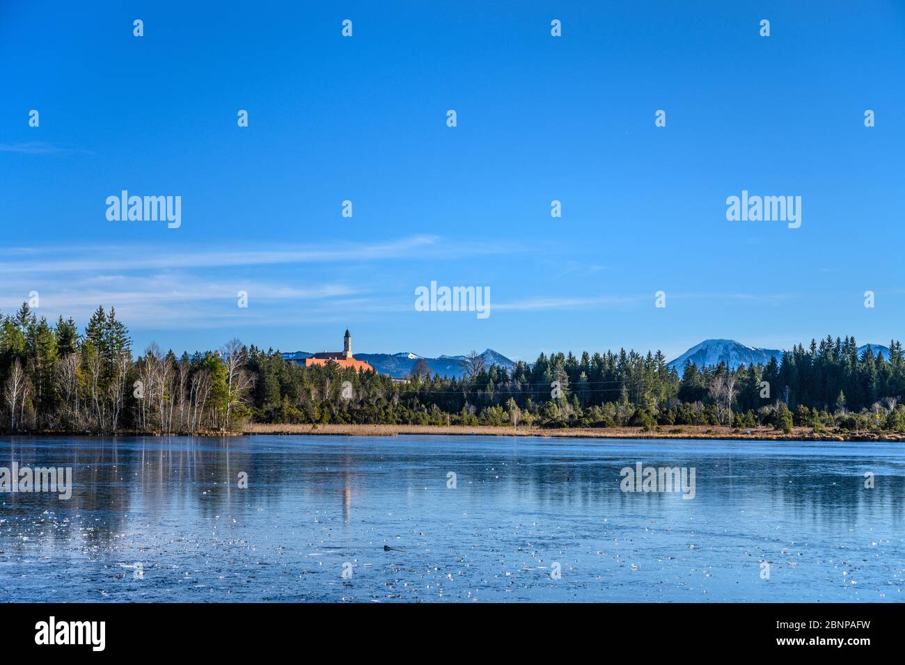 Kirchsee with reutberg abbey against prealps hi-res stock photography ...