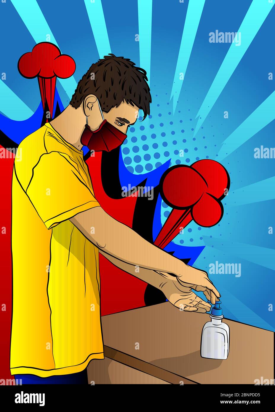 Man cleaning his hands with sanitizer gel. - Comic book style, cartoon ...
