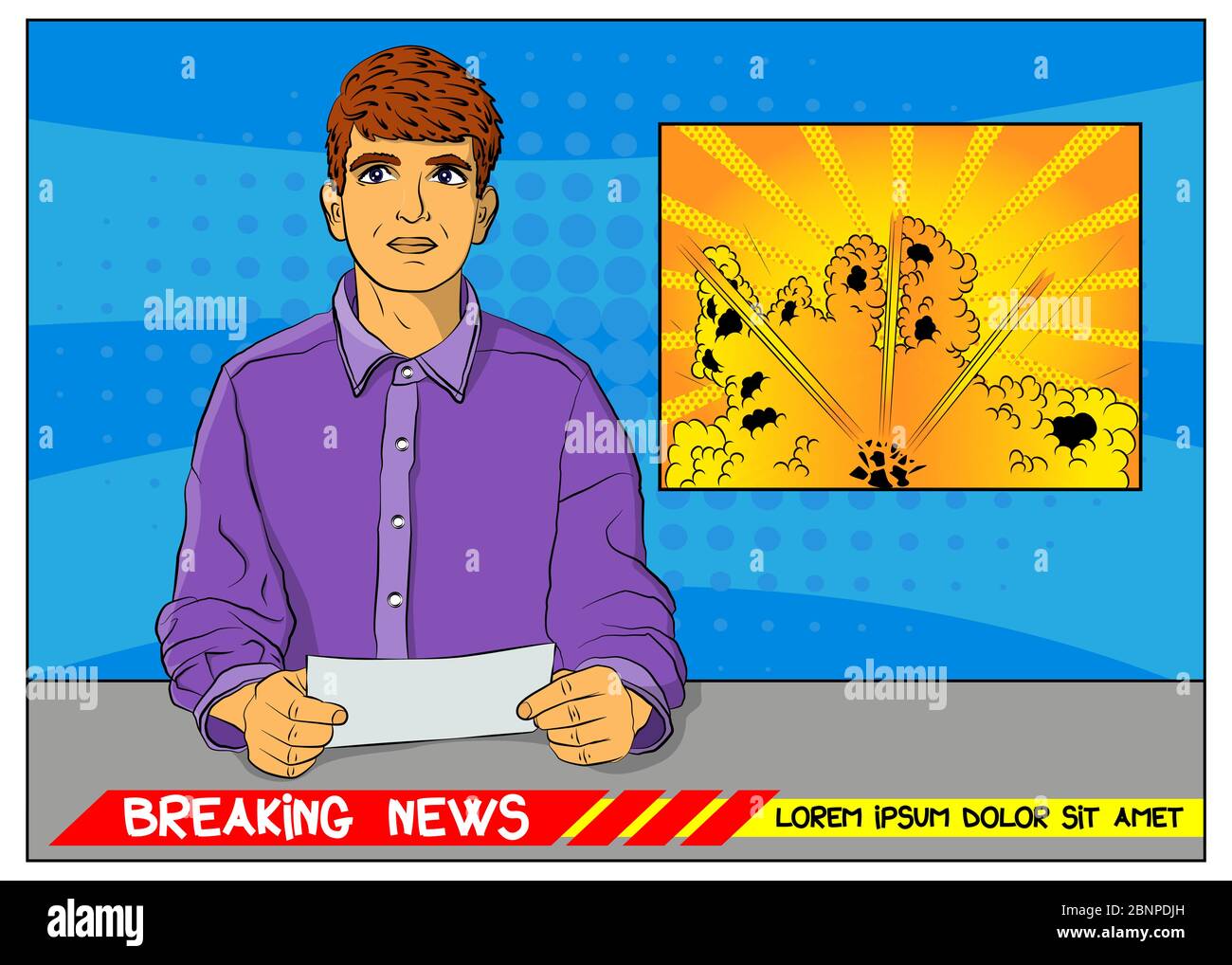 Pop Art anchorman, breaking news, reporting of an explosion, attack or ...