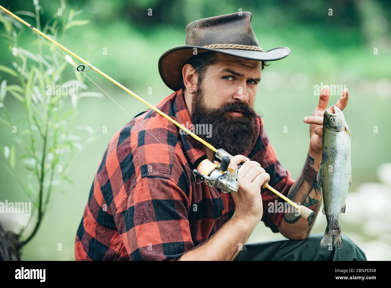 Portrait of man on holiday. Fishing background. Fly fishing adventures ...