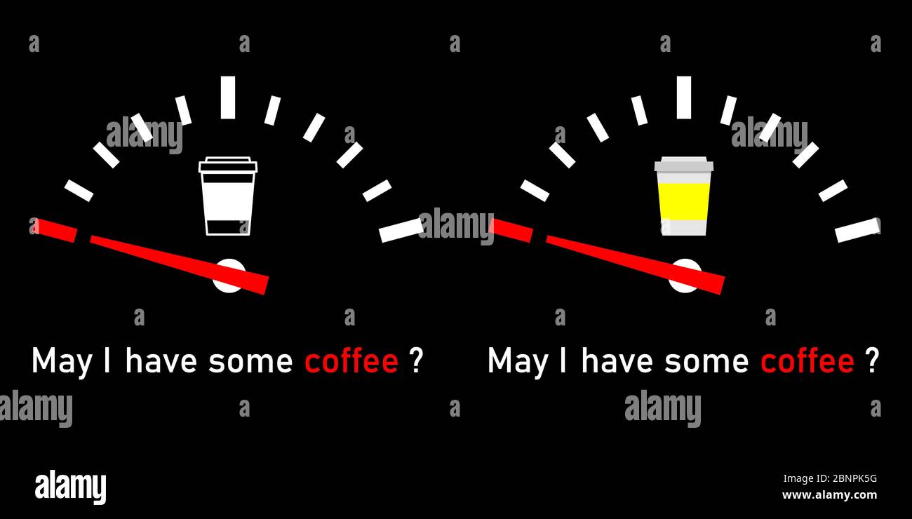 Take-away coffee cup with fuel gauge meter on black color background ...