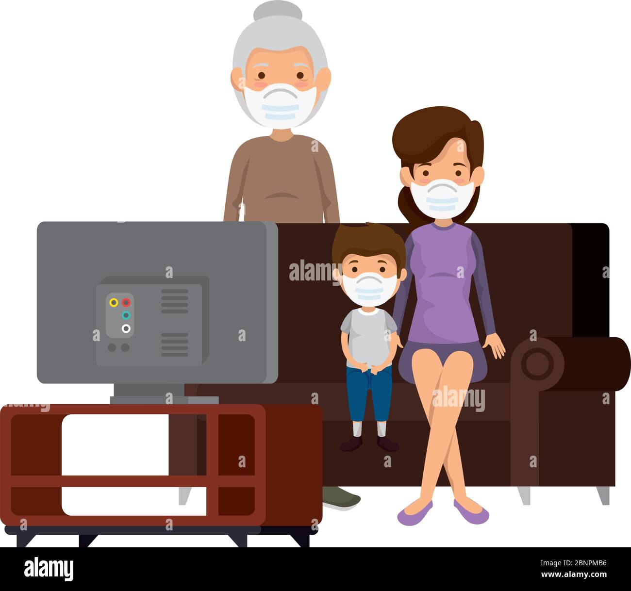 cute family members using face mask watching tv Stock Vector Image ...