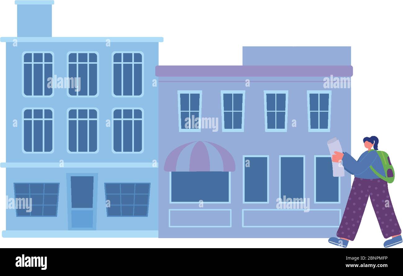 people activities, young woman reading map in the city street vector ...