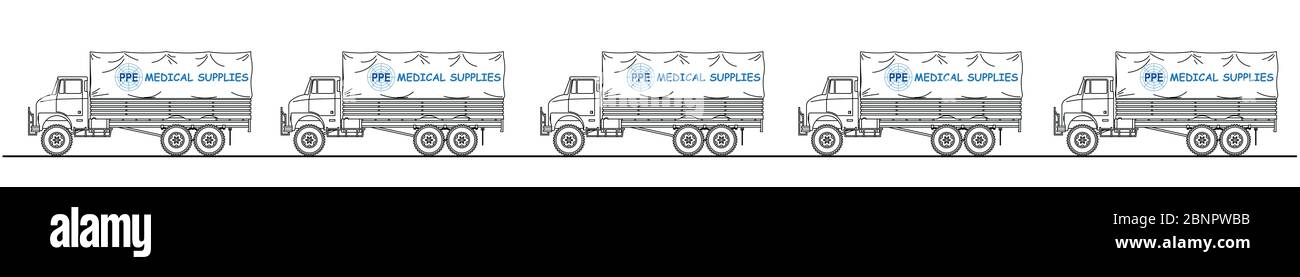 Banner heading of truck convoy delivering personal protection equipment ...