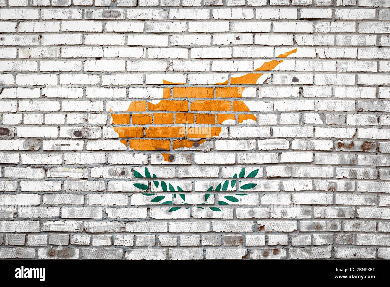 National flag of Cyprus depicting in paint colors on an old brick wall ...