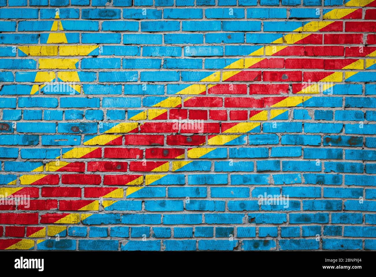 National flag of Democratic Republic of the Congo depicting in paint ...