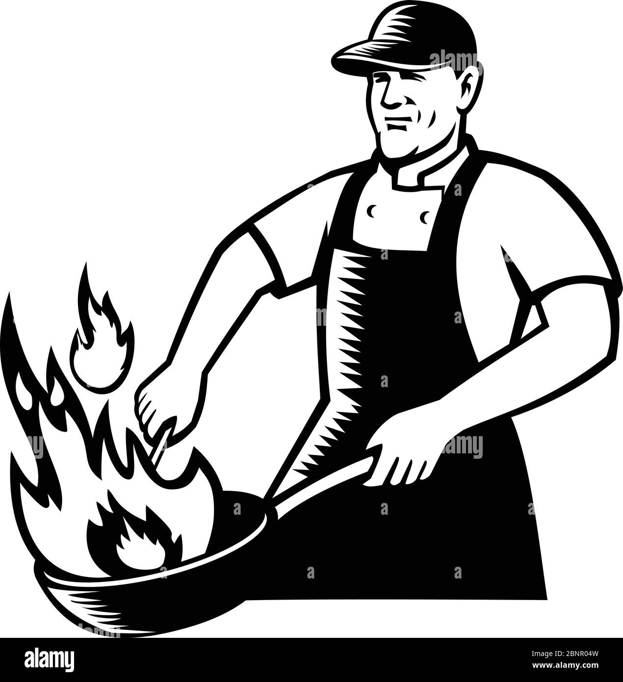 Black and White illustration of a cook or chef cooking with flaming pan ...