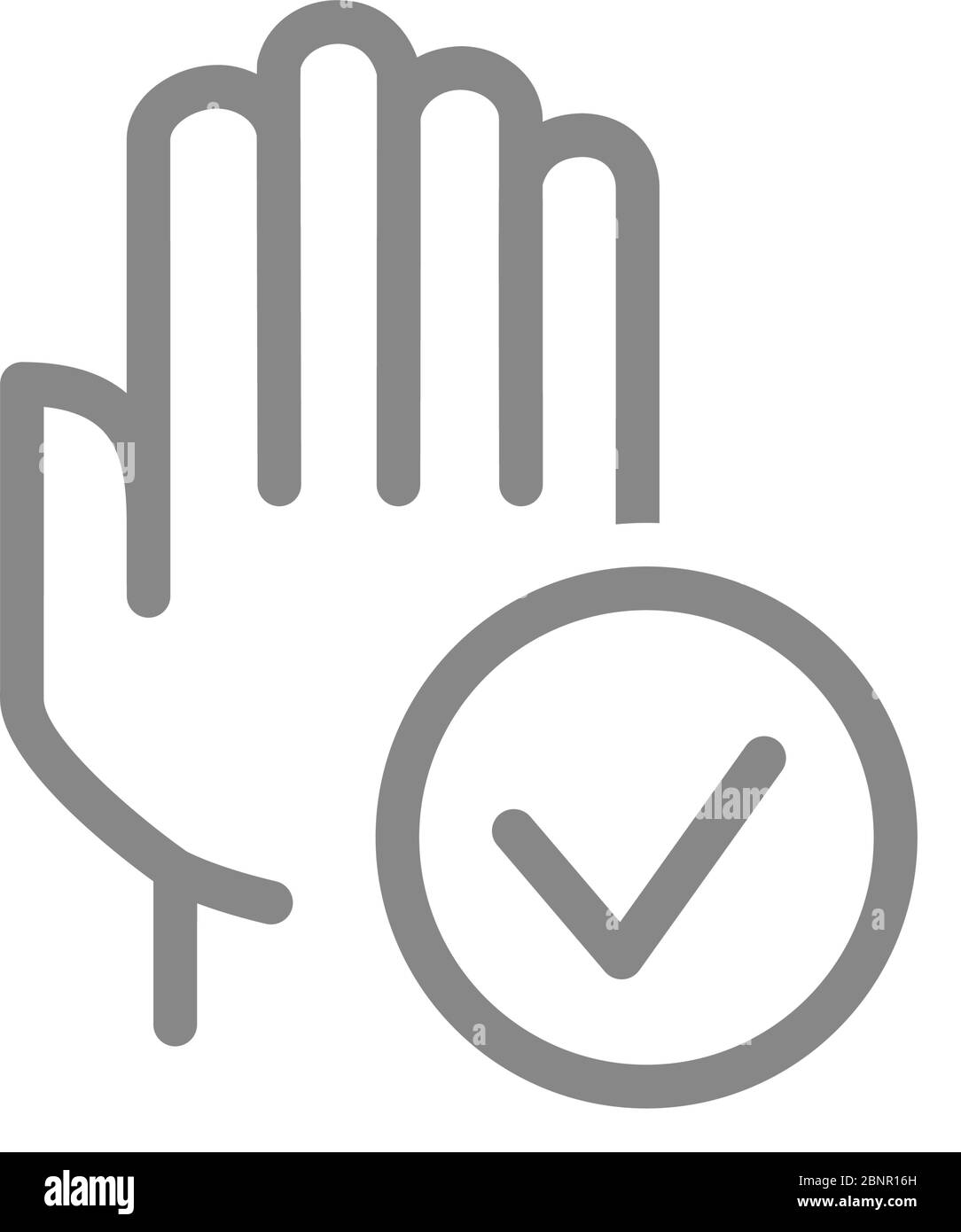 Hand with tick checkmark line icon. Hygiene, human protection symbol ...