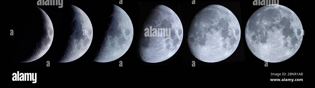 Phases of the Moon from Crescent to Full, horizontal sequence ...