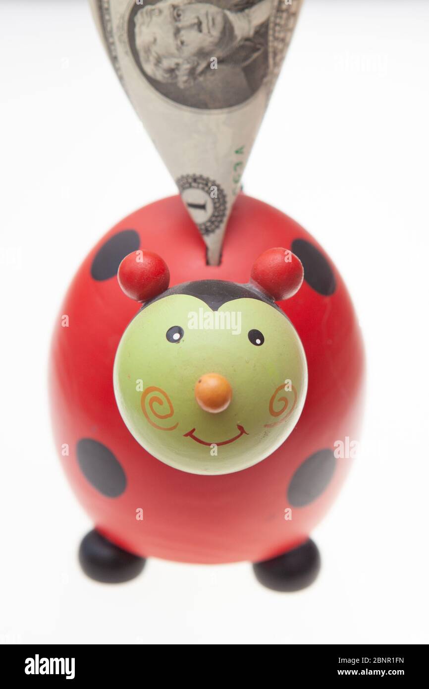 Cute red, black and green lady bug like piggy bank with a two dollar ...