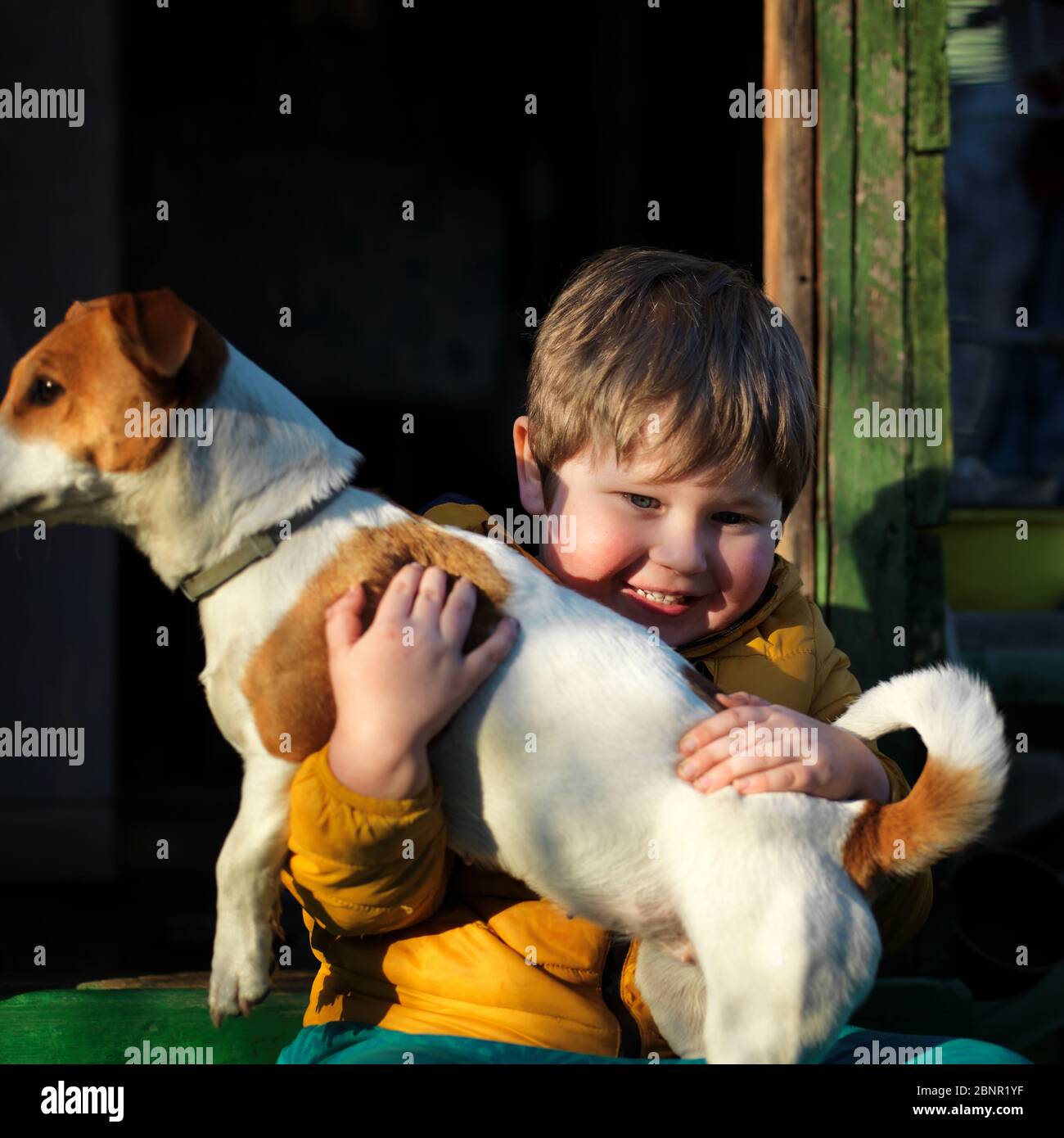 Outdoor porrait of a happy looking kid hugging a dog Stock Photo - Alamy