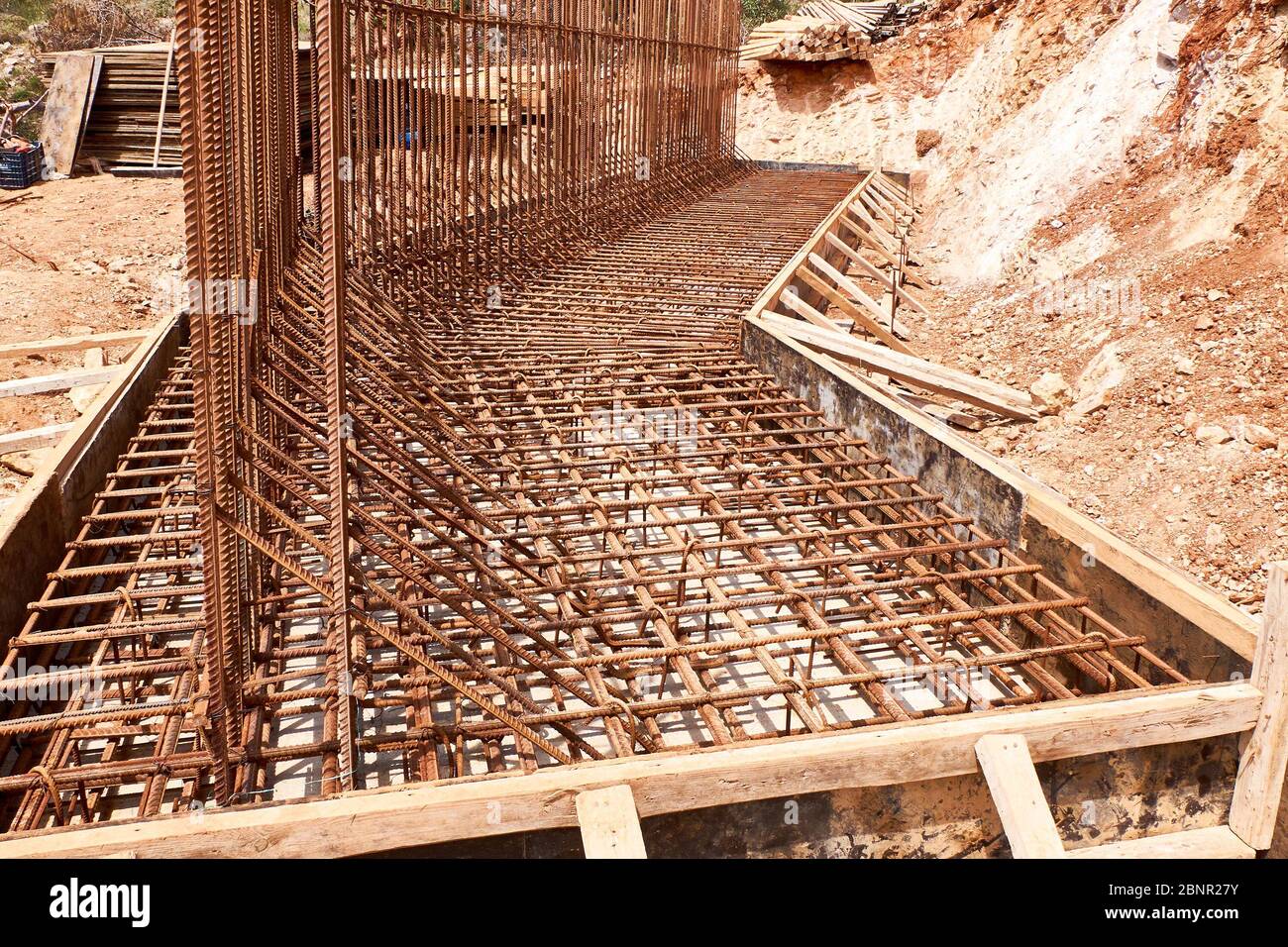 Metal reinforcement framework and formwork of retaining wall Stock ...