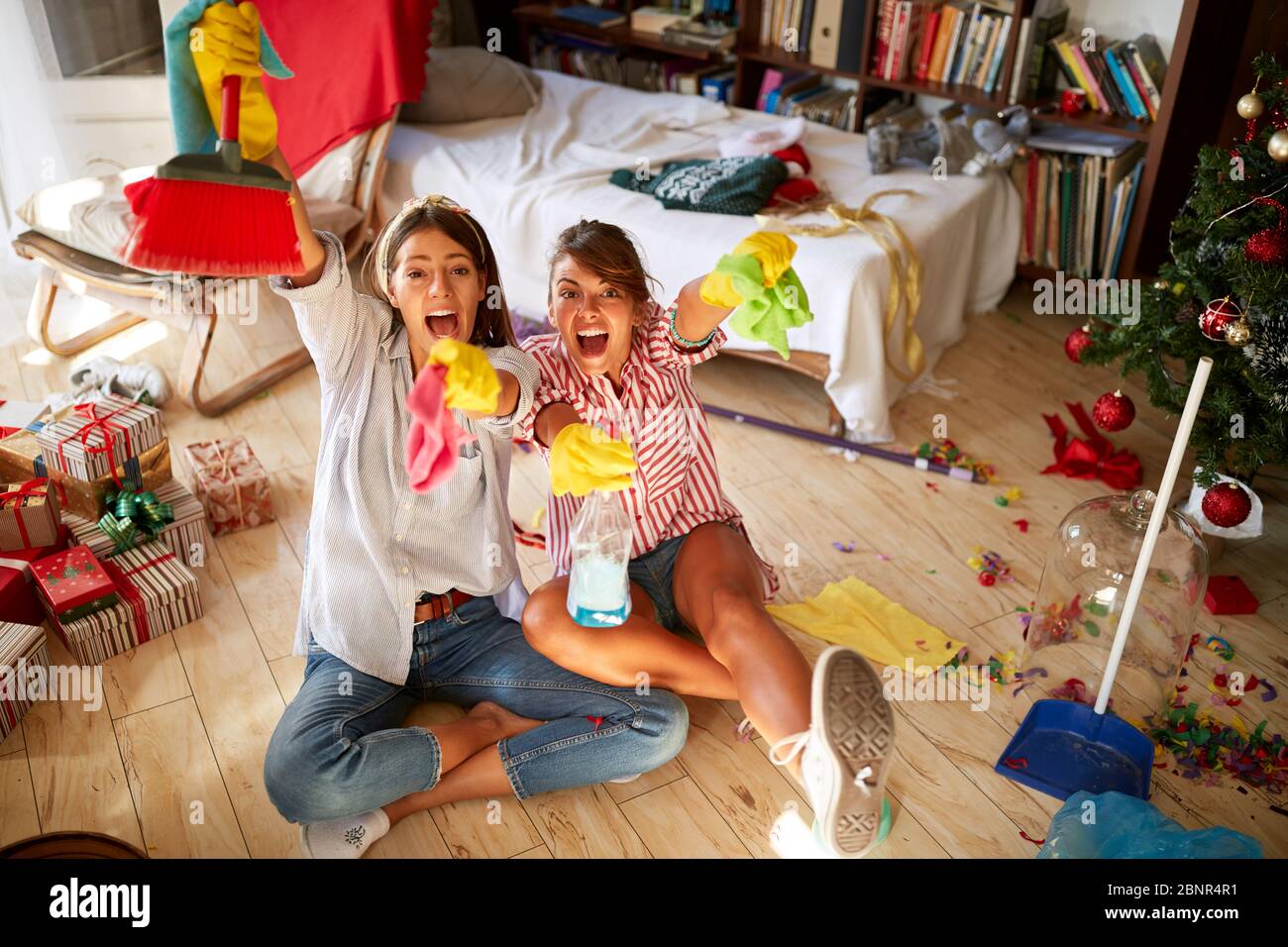 Chearful sisters are getting ready to tidy up and clean house Stock ...