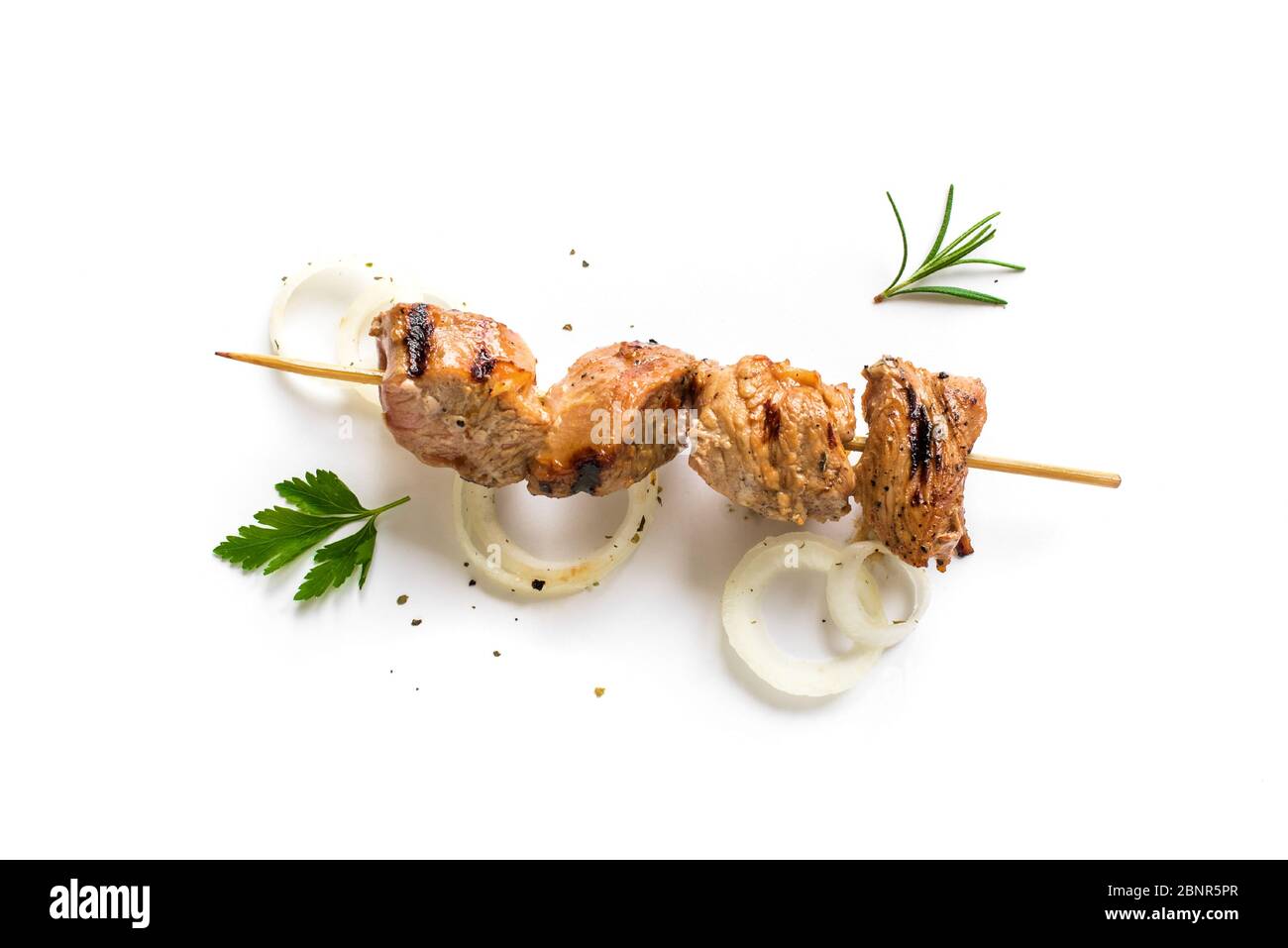 Grilled pork skewer isolated on white background, top view. Meat pork, chicken or turkey shish ...