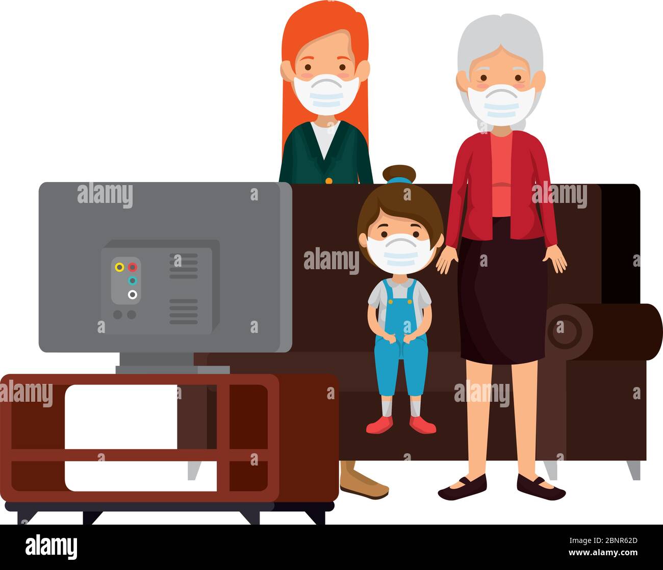 cute family members using face mask watching tv Stock Vector Image ...