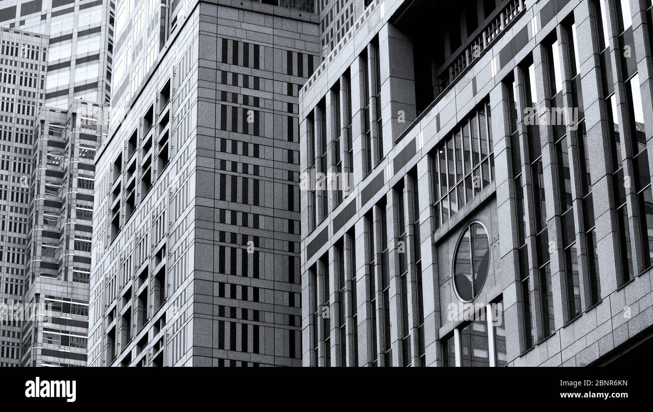 A photo focusing on the complex outer wall of the Tokyo Metropolitan ...