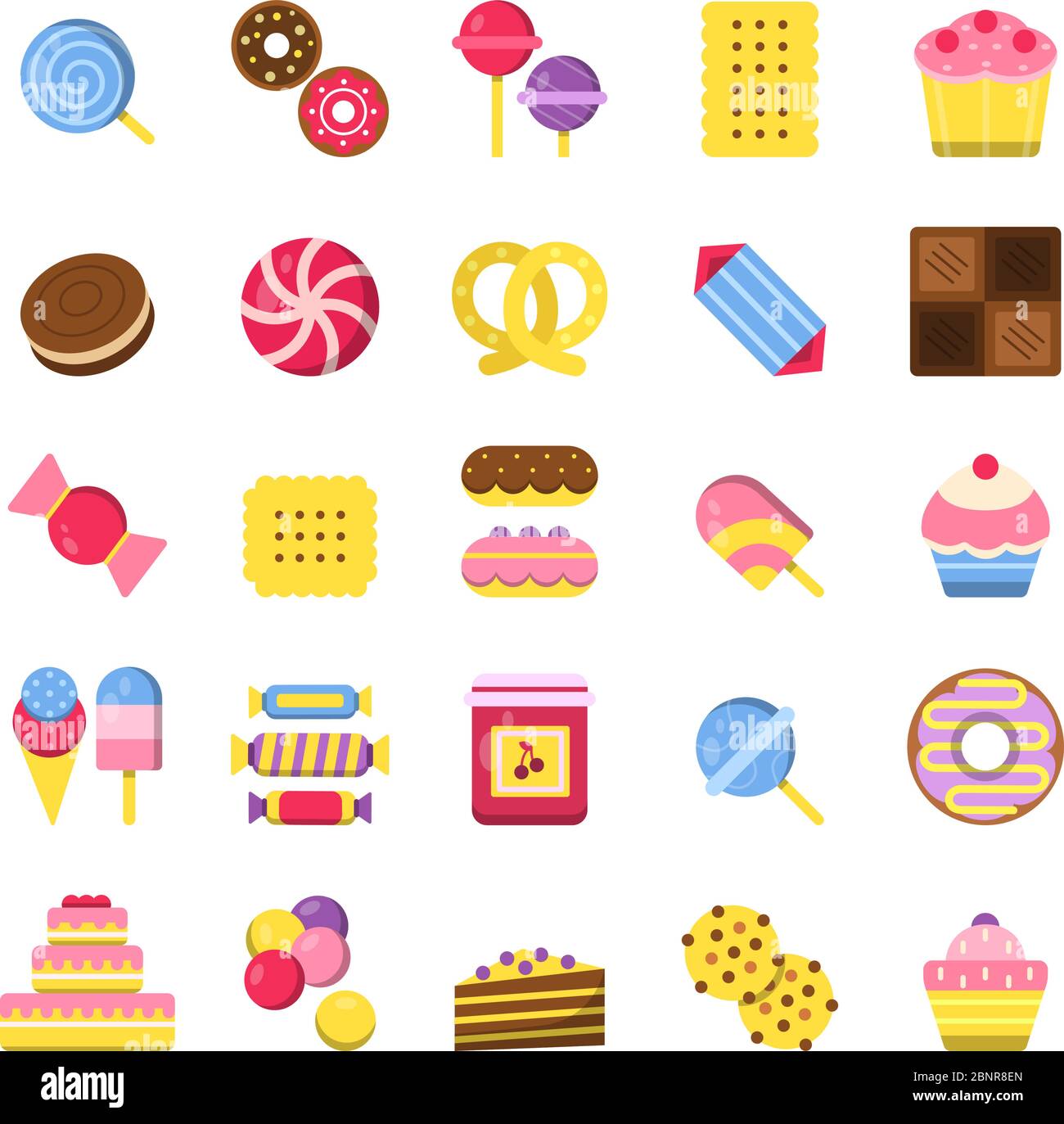 Sweets and pie icons. Pancakes candies chocolate biscuits and ice cream ...
