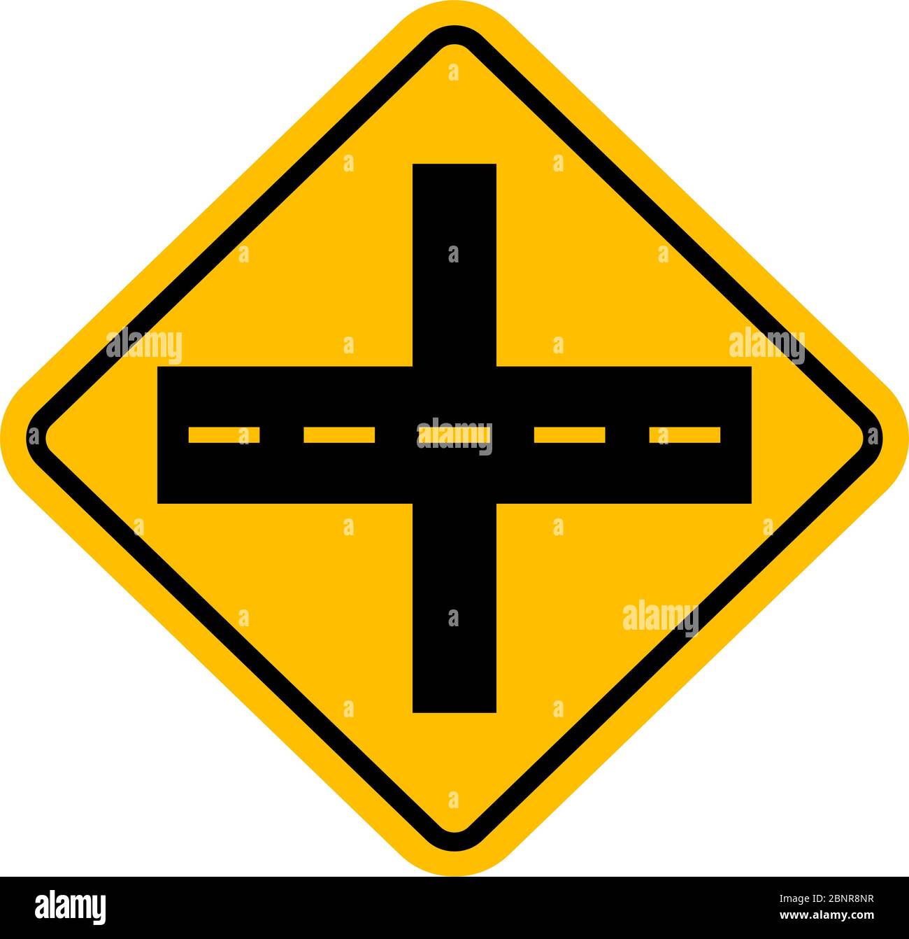 Crossroad warning sign. Yellow background. Way to all drivers Stock ...