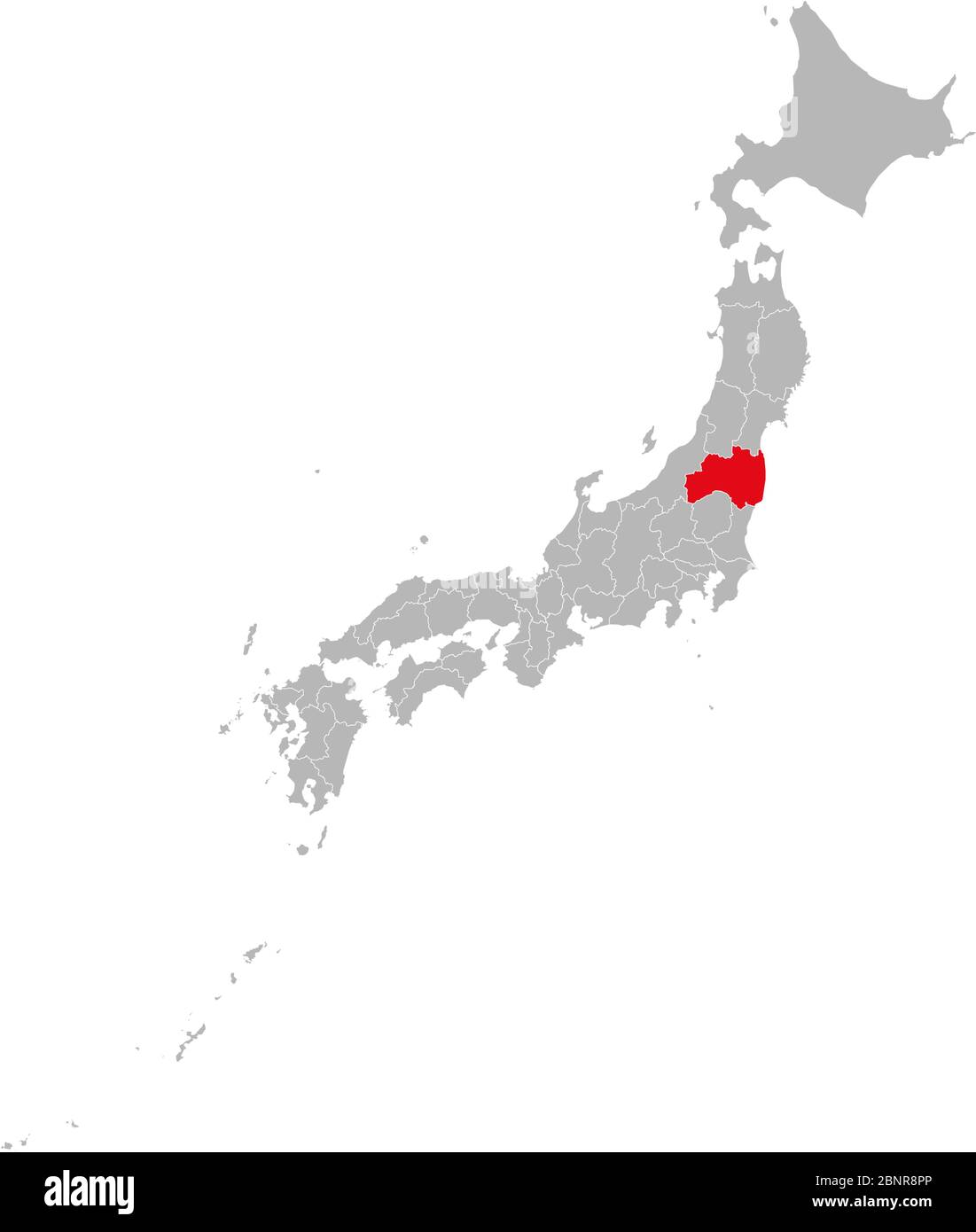 Fukushima province highlighted on Japan political map. Gray background ...