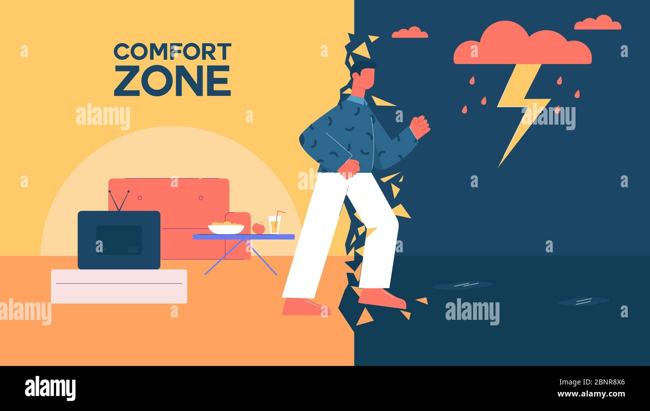 Cartoon man leave comfort zone walking to work vector flat illustration ...