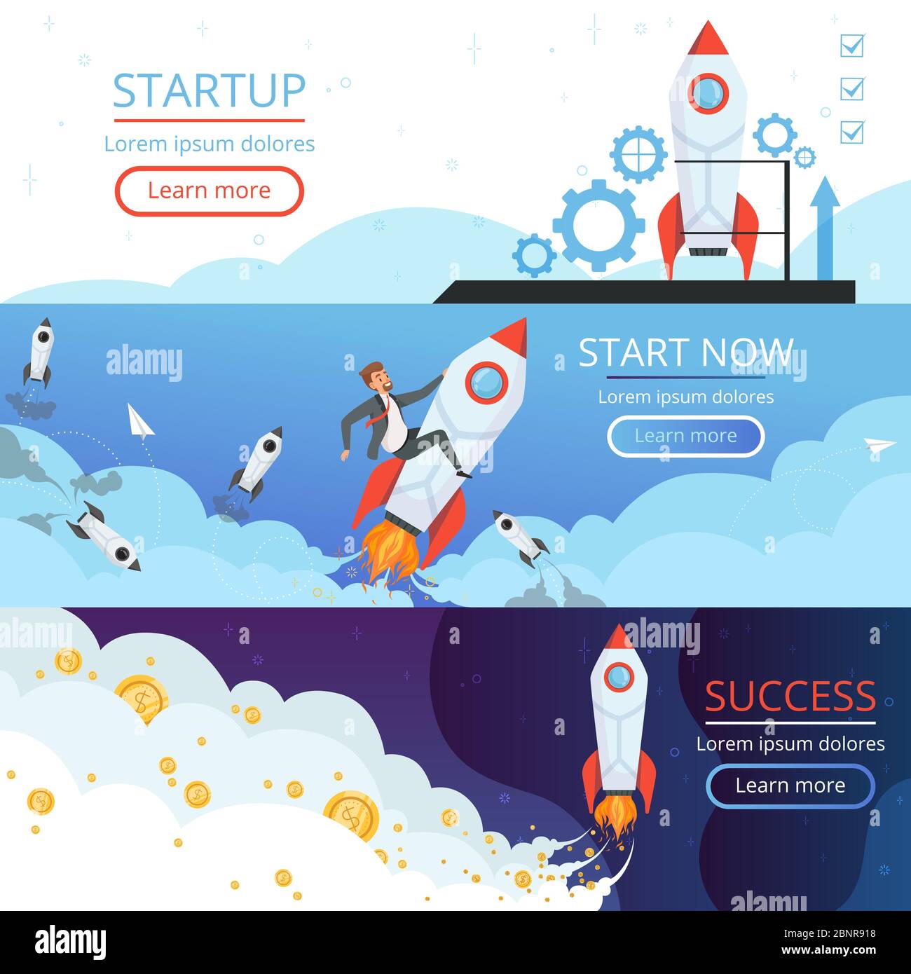 Startup banners. New idea or creative business launch rocket ship or ...