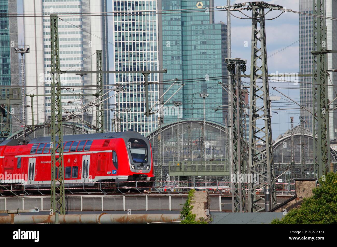 Central station with skyline and local train, Frankfurt am Main, Hesse ...