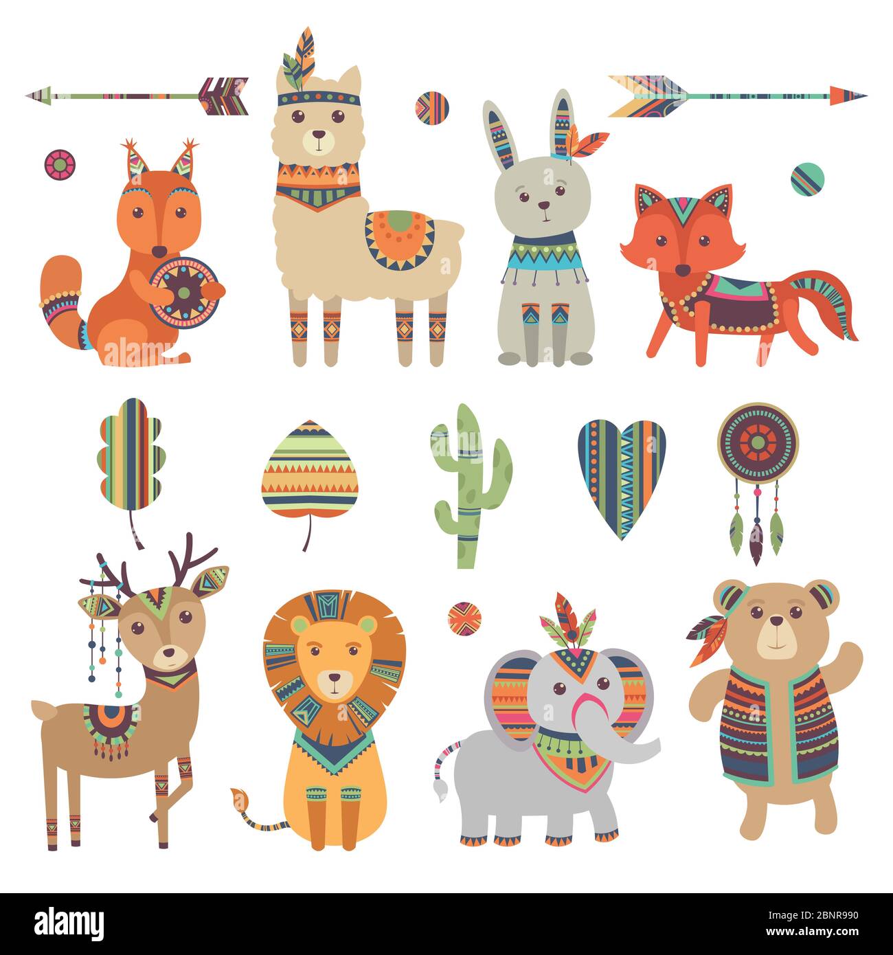 Tribal animals. Cute zoo squirrel llama hare fox deer lion elephant and ...