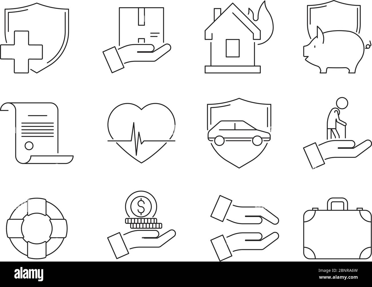 Insurance thin icons. Business protection auto fall damaged assured ...