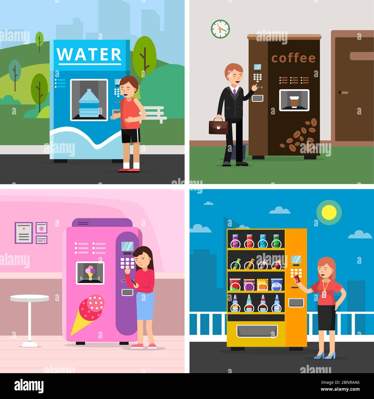 Vending machines food. People buying various snacks drink coffee crackers and crisp from automat ...