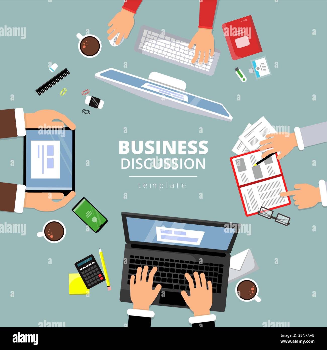 Business communication top view. Finance planning dialog between ...